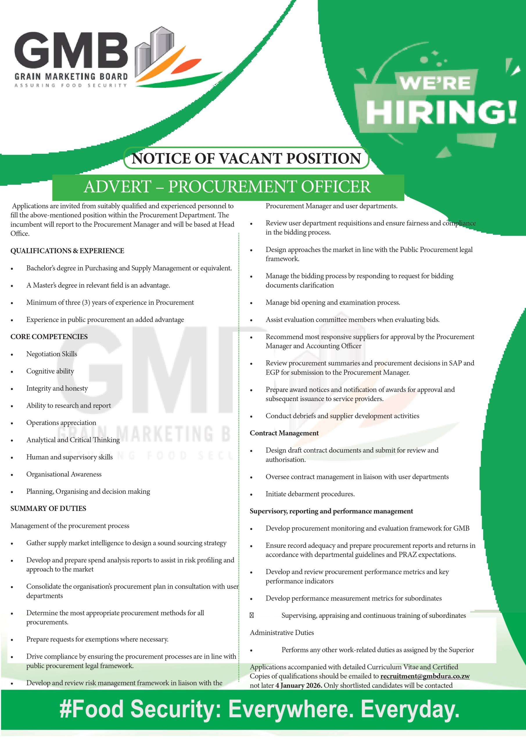 GMB Procurement Officer - Grain Marketing Board
